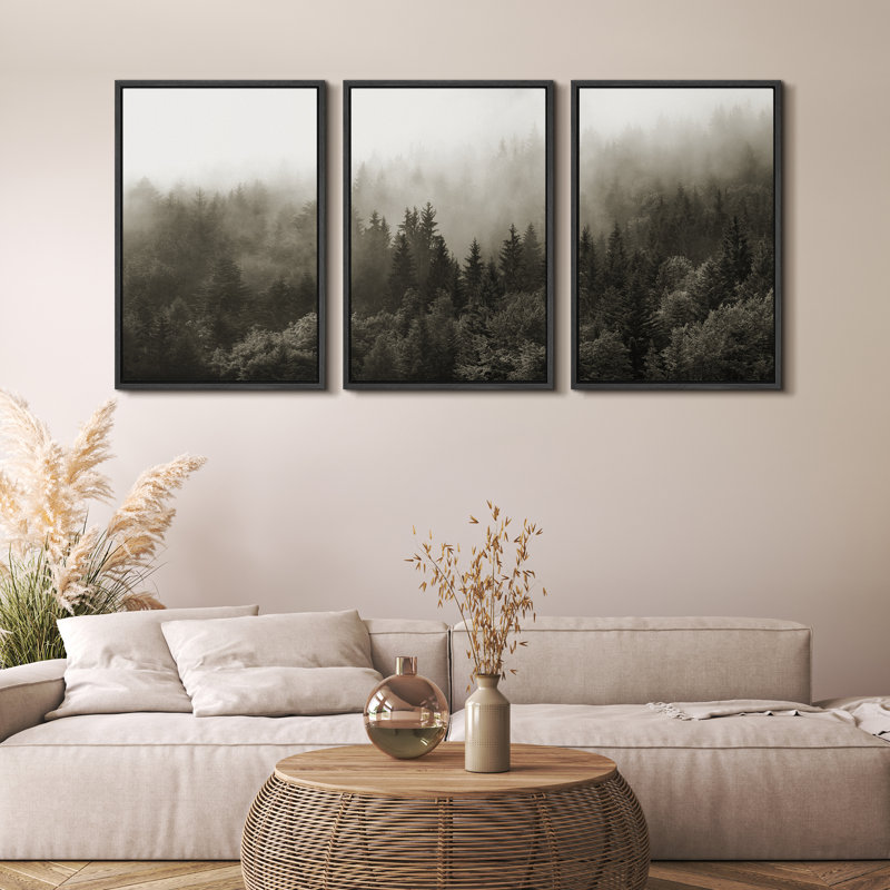 IDEA4WALL Framed Canvas Print Wall Art Woodland Nursery Decor Set Fog & Mist Over Blue Pine Tree ...